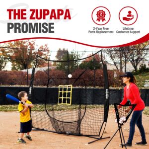 Zupapa Baseball Softball Practice Combo - 7 X 7 Feet Net Tee Caddy 12 Pack Baseballs Set, Upgraded Vivid Strike Zone, Baseball Backstop Practice Net for Hitting Pitching Batting Catching (Black)