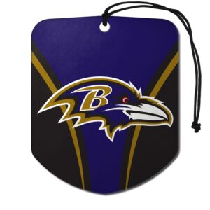 fanmats 61562 nfl baltimore ravens hanging car air freshener, 2 pack, black ice scent, odor eliminator, shield design with team logo