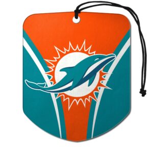 fanmats 61575 nfl miami dolphins hanging car air freshener, 2 pack, black ice scent, odor eliminator, shield design with team logo