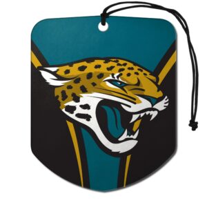 fanmats 61573 nfl jacksonville jaguars hanging car air freshener, 2 pack, black ice scent, odor eliminator, shield design with team logo