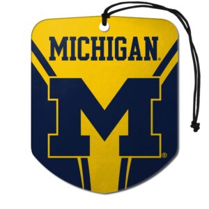 fanmats 61620 ncaa michigan wolverines hanging car air freshener, 2 pack, black ice scent, odor eliminator, shield design with team logo