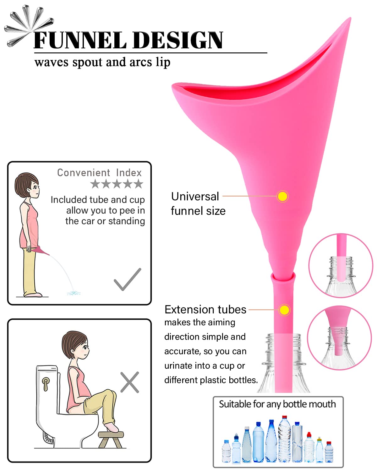 ABXLNIU Female Urination Device with Pee Cup, Travel Essentials Female Urinal for Women, Reusable Womens Pee Funnel Camping/Hiking Gear Gifts for Women, Pink