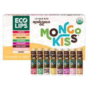 eco lips mongo kiss certified organic lip balm variety 8-pack with mongongo oil & cocoa butter to moisturize dry chapped lips | made in usa