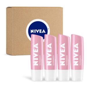 nivea shimmer lip care, moisturizing lip balm stick with shea butter and jojoba oil, 4 pack of 0.17 oz sticks