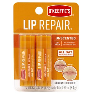 o'keeffe's unscented lip repair lip balm for dry, cracked lips, stick, twin pack