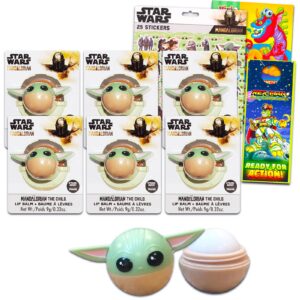 star wars baby yoda lip balm - bundle with 6 baby yoda shaped lip balms in strawberry flavor for party favors plus mandalorian stickers | star wars lip balm for girls