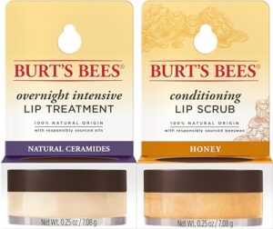 burt’s bees conditioning lip scrub and overnight intensive lip treatment, with ceramides, exfoliates and hydrates lips 8 hours, natural origin, 2 jars, 0.25 oz