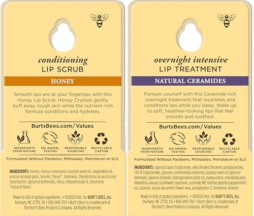 Burt’s Bees Conditioning Lip Scrub and Overnight Intensive Lip Treatment, With Ceramides, Exfoliates and Hydrates Lips 8 Hours, Natural Origin, 2 Jars, 0.25 oz