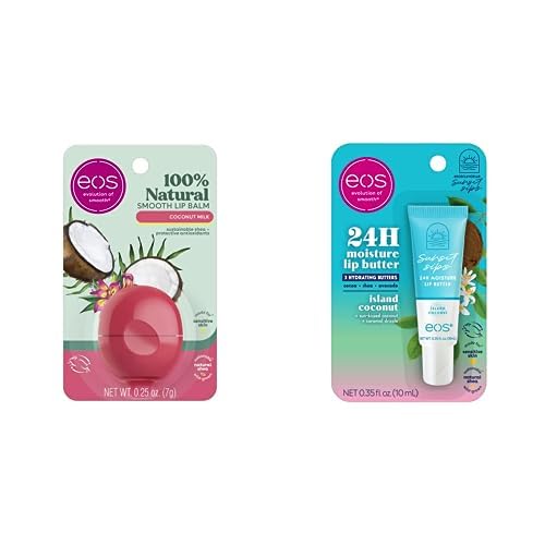 Bundle of eos 100% Coconut Milk Natural Lip Balm- + eos Sunset Sips Lip Butter Tube- Island Coconut: 24-Hour Moisture, Overnight Lip Mask, Lip Care Products