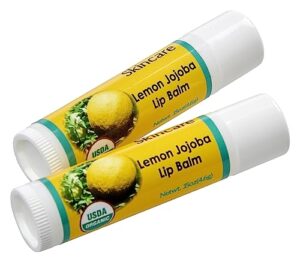 2-pack organic lemon lip balm - usda certified organic, 70% organic jojoba oil, organic beeswax, soothes and softens dry, cracked, and sensitive lips, natural lemon scent no taste. 0.15 oz/4.6 gm