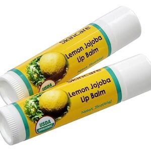 2-Pack Organic Lemon Lip Balm - USDA Certified Organic, 70% Organic Jojoba Oil, Organic Beeswax, Soothes and Softens Dry, Cracked, and Sensitive Lips, Natural Lemon Scent No Taste. 0.15 oz/4.6 gm