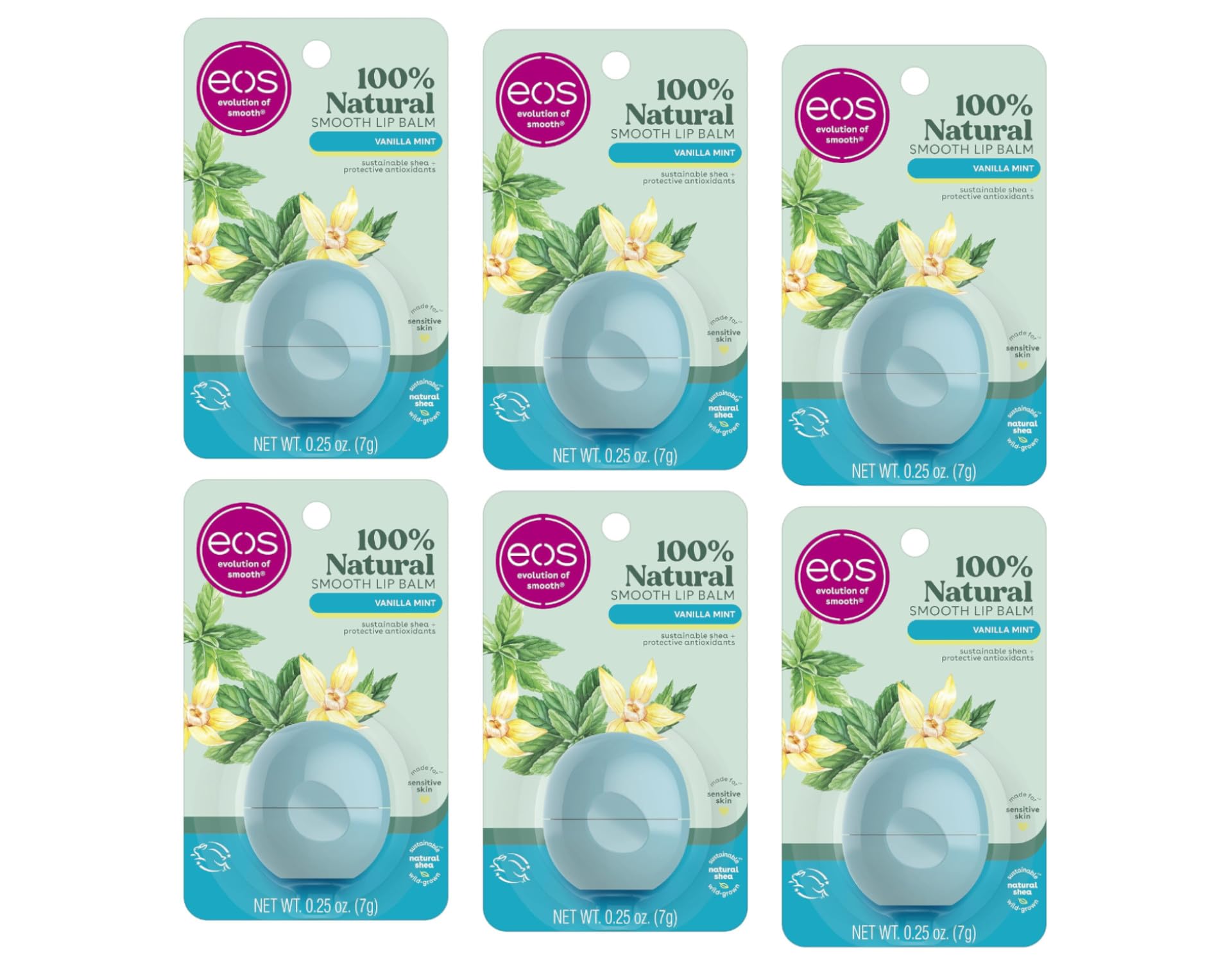 EOS Visibly Soft Lip Balm Sphere, Vanilla Mint 0.25 oz (Pack of 6)