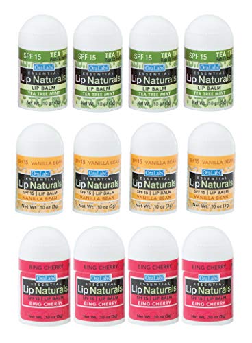 Lip Naturals® | Assorted Mini Lip Balm with Sunscreen (SPF-15) | Made in USA | 12-Count Pack with Bing Cherry, Tea Tree Mint, and Vanilla Bean Flavors (0.10oz/3g Each)