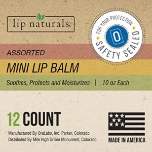 Lip Naturals® | Assorted Mini Lip Balm with Sunscreen (SPF-15) | Made in USA | 12-Count Pack with Bing Cherry, Tea Tree Mint, and Vanilla Bean Flavors (0.10oz/3g Each)