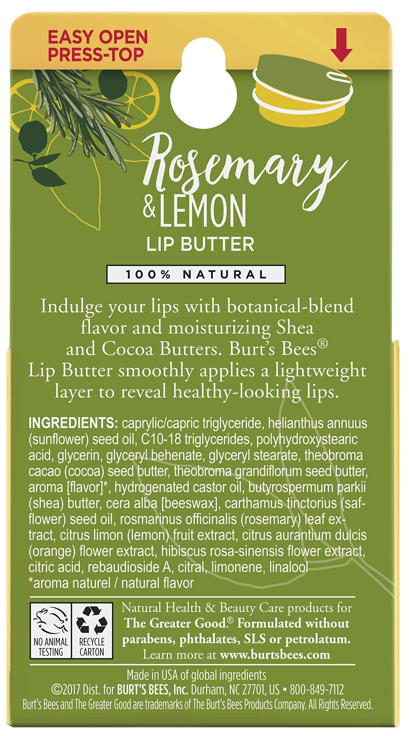 Burts Bees Rosemary and Lemon Lip Butter Unisex Lip Balm 0.4 oz