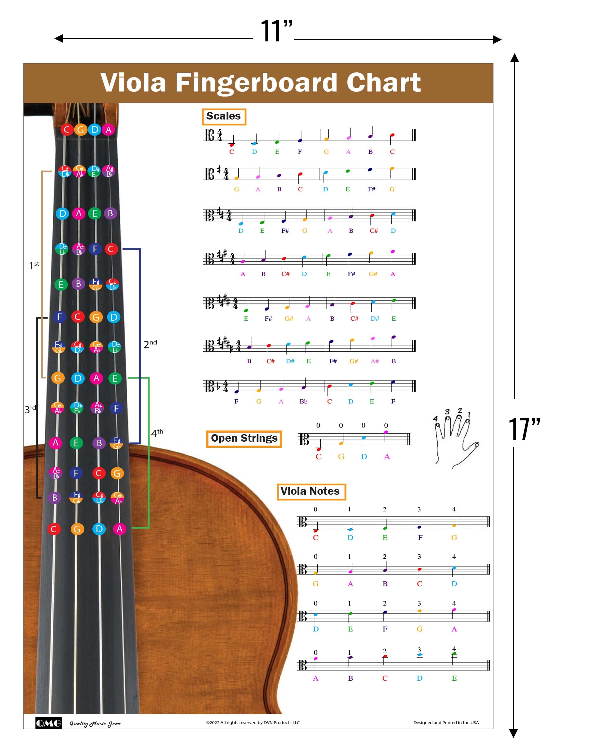 Viola Fingering Chart with Color-Coded Notes, Viola Scales Techniques Suitable for All Levels, Made in the USA