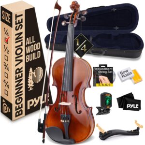 pyle 1/4 size beginner violin starter kit, violin starter package with travel case & bow, extra strings, digital tuner, shoulder rest & cleaning cloth for students, kids, adults