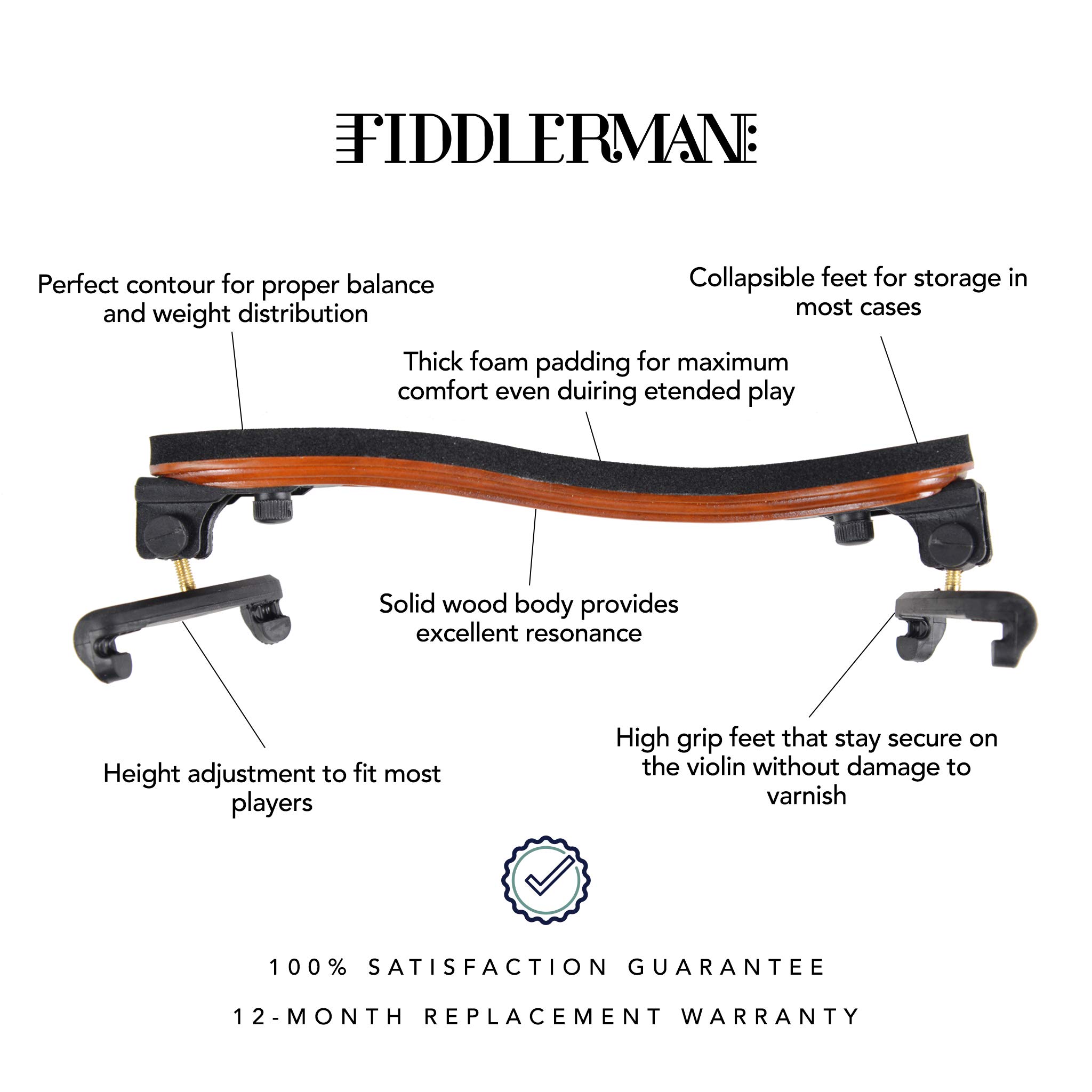 Fiddlerman Wood Violin Shoulder Rest for 4/4 and 3/4 with Collapsible and Height Adjustable Feet