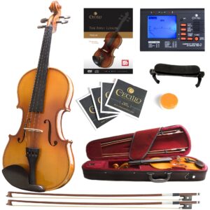 mendini by cecilio violin instrument - mv400 size 4/4 acoustic violin with bow, case, tuner, metronome & extra strings, kids & beginner violin, maple varnish, full size violin