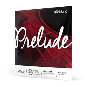 d'addario prelude violin string set, 4/4 scale, medium tension – j810 4/4m - solid steel core, warm tone, economical and durable – educator’s choice for student strings – 1 set