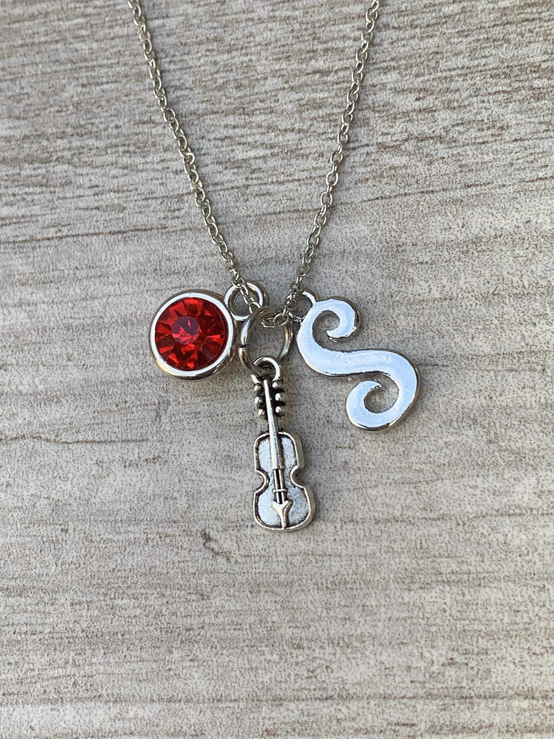 Personalized Violin Charm Necklace with Birthstone & Letter Charm, Viola, Cello Pendant Necklace, Violin Jewelry for Women, Teens and Girls