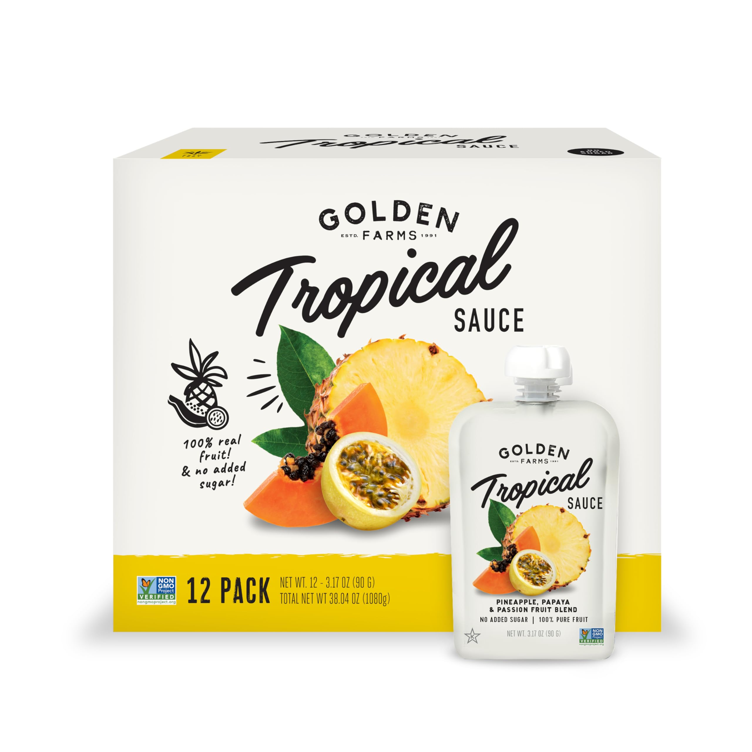 Golden Farms Tropical Pouches, Low Ingredient Healthy Snacks (Pack of 12), 100% Pure Fruit, No Added Sugar, Vegan, Gluten-Free, Kosher, Non-GMO Squeeze Pouch 3.17oz Each