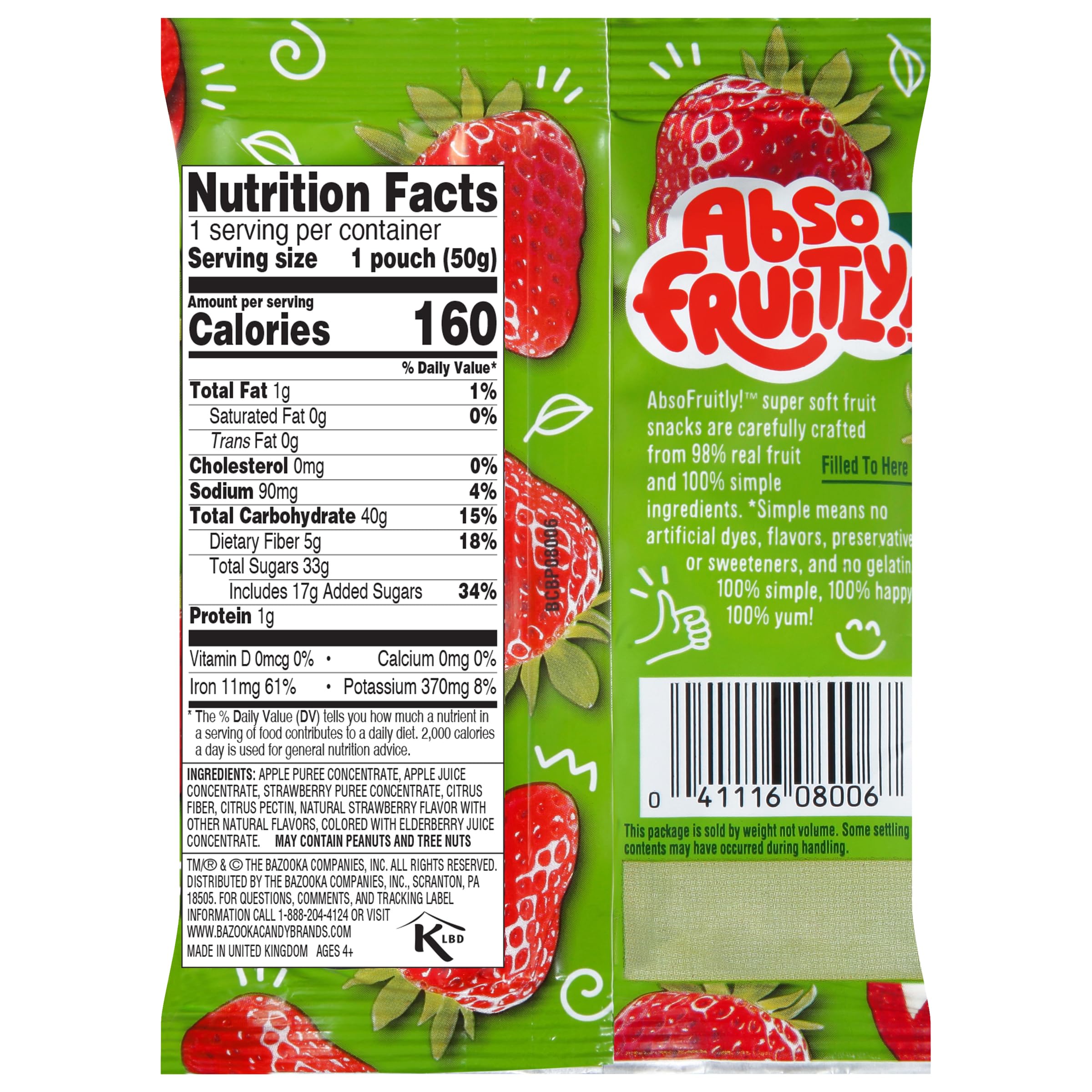 Absofruitly! 98% Real Fruit Snacks, Deliciously Sweet, Soft, & Chewy - Plant Based Healthy Snacks - Individually Wrapped Gummy Snacks for Kids, 6 Large Fruit Snack Bags (1.8oz each)