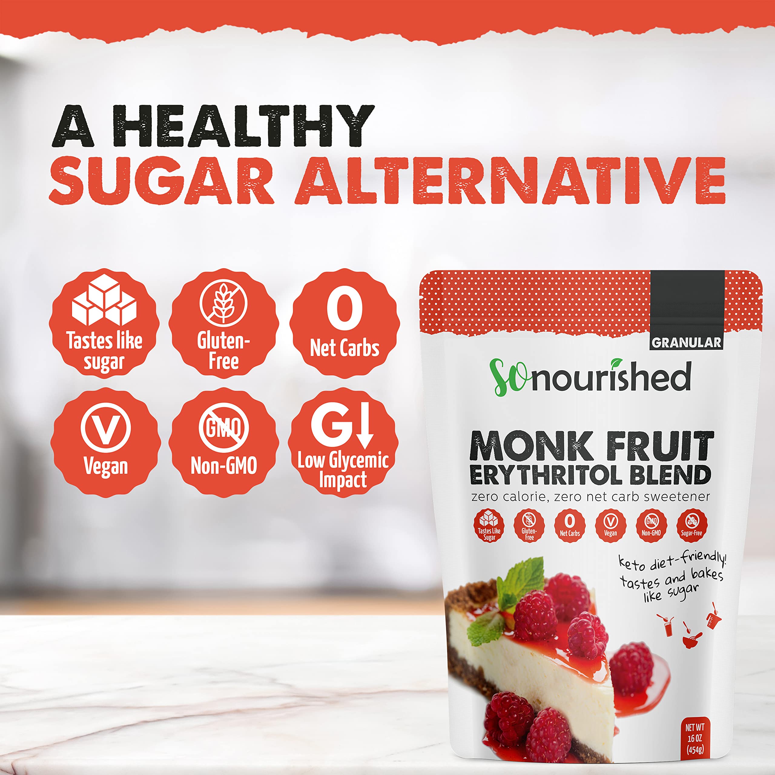 Monk Fruit Sweetener with Erythritol Granular - 1:1 Sugar Substitute, Keto - 0 Calorie, 0 Net Carb, Non-GMO 1lb