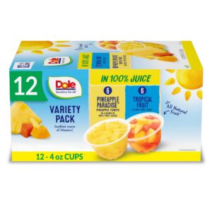 dole fruit bowls pineapple tidbits & tropical fruit in 100% juice snacks, 4oz 12 total cups, gluten & dairy free, bulk lunch snacks for kids & adults