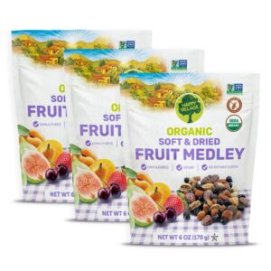 organic dried fruit mix - apricots, figs, strawberries & tart cherries i happy village i 18 oz (pack of 3) i no refined sugar, unsulfured dried fruit medley