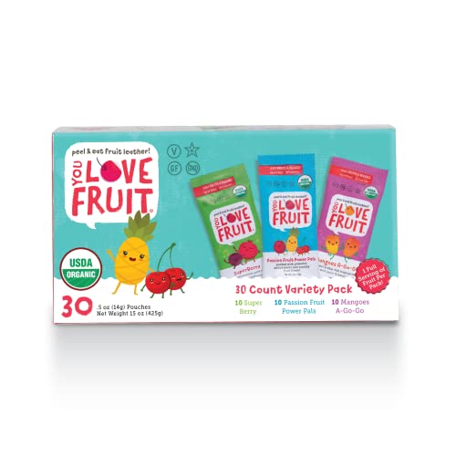 YOU LOVE FRUIT - Fruit Snacks Variety Pack 30 count, 100% Natural Gluten-Free, Vegan, Low Carb, Low Fat Fruit Kosher Snacks for Kids, College Students, Teachers and Offices, Healthy Fruit Snacks for Weight Loss (passion fruit, super berry, mango)