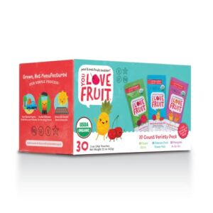 YOU LOVE FRUIT - Fruit Snacks Variety Pack 30 count, 100% Natural Gluten-Free, Vegan, Low Carb, Low Fat Fruit Kosher Snacks for Kids, College Students, Teachers and Offices, Healthy Fruit Snacks for Weight Loss (passion fruit, super berry, mango)