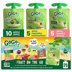 gogo squeez fruit on the go variety pack, apple, mango guava & pineapple passionfruit, 3.2 oz (pack of 20), unsweetened snacks for kids, no gluten, nut dairy, recloseable cap, bpa free pouches