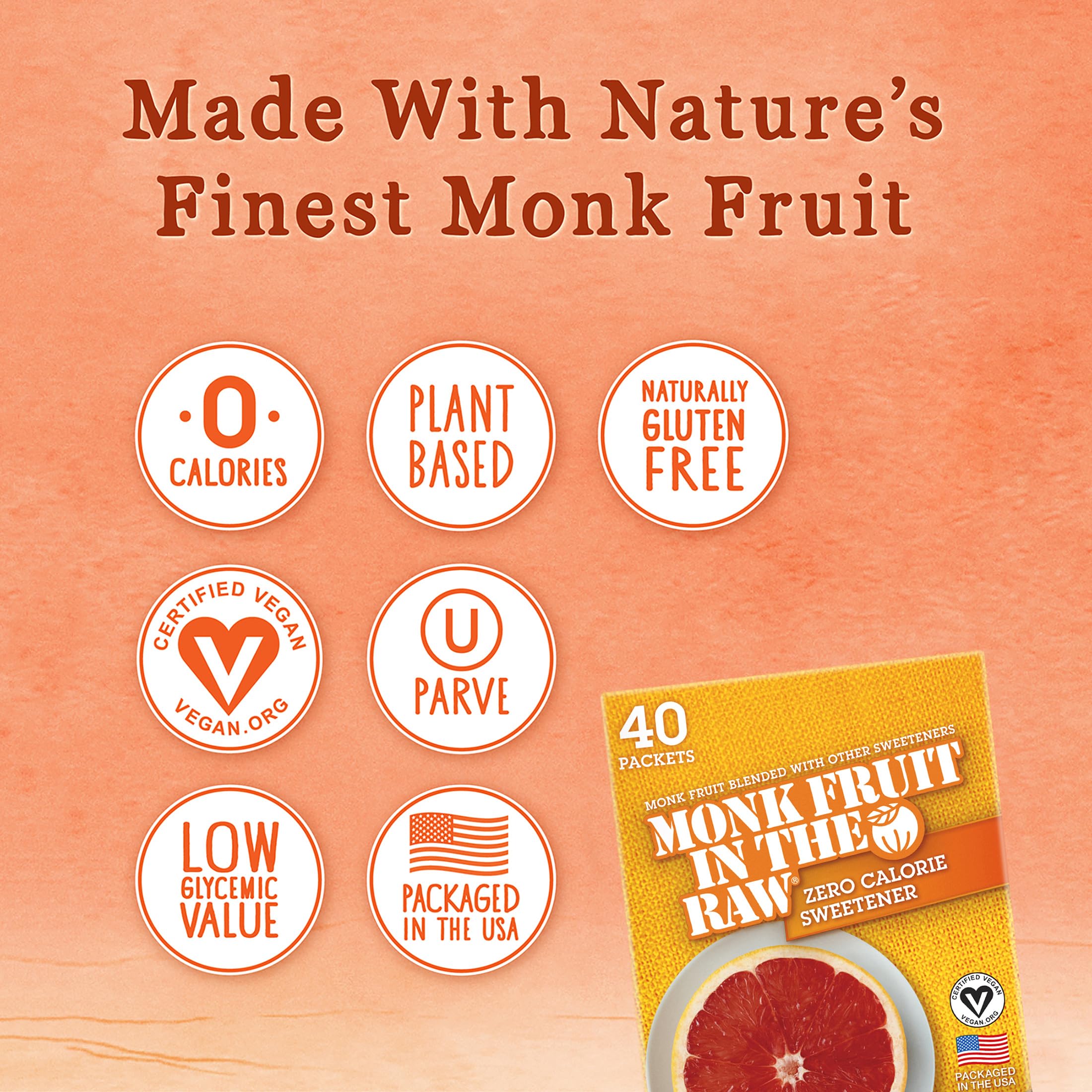 Sugar in the Raw MONK FRUIT IN THE RAW, Natural Monk Fruit Sweetener, Sugar-Free, Gluten Free, Zero Calorie, Vegan Sugar Substitute, 40 Count Packets (Pack Of 4)