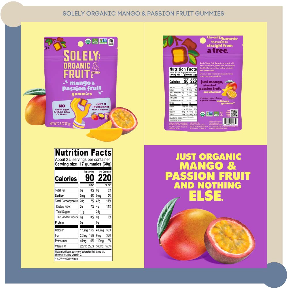 Solely Fruit Gummies Variety Pack of 4 Bundle - 1 of each flavor (Organic Mango, Mango and Orange, Mango and Guava, Mango and Passion Fruit) 13 oz total No Added Sugar Vegan Organic Whole Dried Fruit Snacks