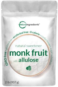 monk fruit sweetener with allulose, 2 lbs | no erythritol | no aftertaste, 1:1 white sugar substitute, keto & vegan friendly, zero calorie | great for drinks, coffee, tea, cookies | non-gmo