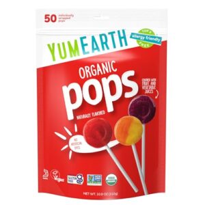 yumearth organic pops variety pack, 50 fruit flavored favorites lollipops, allergy friendly, gluten free, non-gmo, vegan, no artificial flavors or dyes