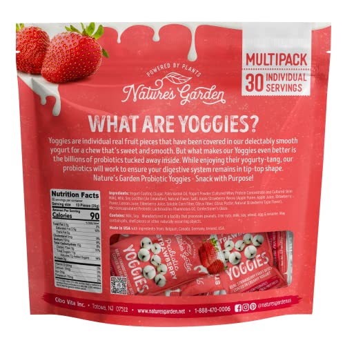 Nature's Garden Probiotic Strawberry Yoggies, 21oz (30 x 0.7oz), Yoggie Bites Strawberry Strawberry Yogurt Covered Snack Pack, High Fiber, Delicious Real Fruit Pieces, No Artificial Ingredients, Healthy Snack for Adults