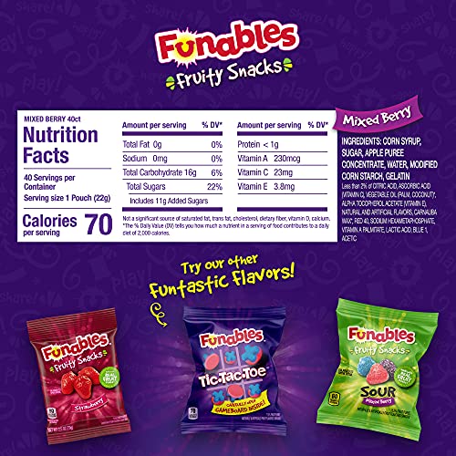 Funables Fruit Snacks, Mixed Berry Fruit Flavored Snacks, 0.8 ounce Pouches (Pack of 40)