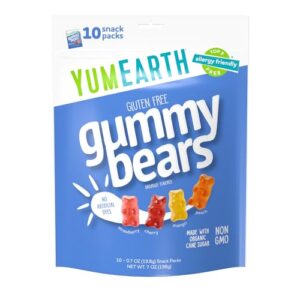 yumearth organic fruit flavored gummy bears, 10- .7oz. snack packs, allergy friendly, gluten free, non-gmo, no artificial flavors or dyes