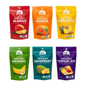 mavuno harvest organic dried fruit variety pack | dried mango, papaya, pineapple, banana, jackfruit, & tropical mix | healthy, vegan, no sugar added, non gmo snacks for kids & adults | 2 ounce, 6 pack