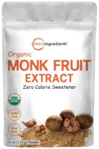 usda organic monk fruit extract powder with active mogrosides, 4 ounce, zero calorie, zero carb, sugar alternative, monk fruit keto diet, perfect paleo & low-carb dieters, natural sweetener, vegan