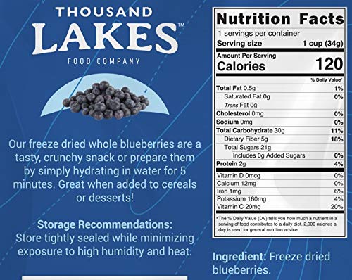 Thousand Lakes Freeze Dried Fruit - Blueberries 1.2 ounces | No Sugar Added | 100% Whole Blueberries