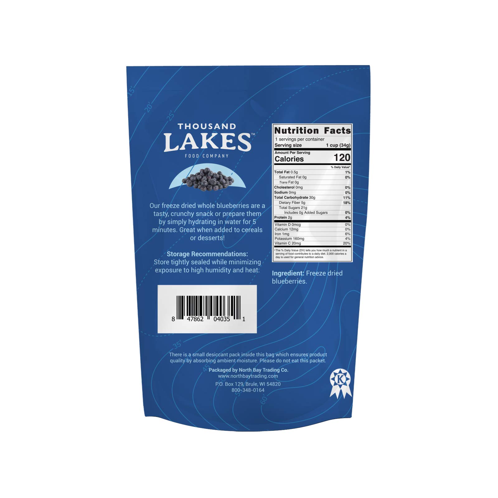 Thousand Lakes Freeze Dried Fruit - Blueberries 1.2 ounces | No Sugar Added | 100% Whole Blueberries