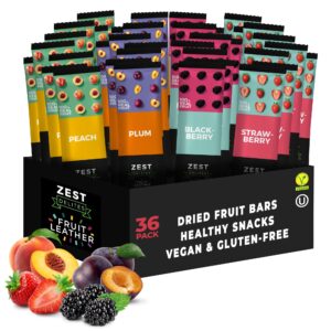 fruit snacks by zest delites, fruit leather, healthy snacks for adults, dried fruit snacks, fruit bars, fruit strips, vegan healthy snacks, strawberry, peach, blackberry, plum, 0.88 oz x 36