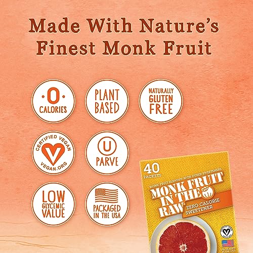 MONK FRUIT IN THE RAW Zero-Calorie Sugar Substitute Packets - Natural Monk Fruit Sweetener Powder, No Erythritol, Plant-Based Keto Sweetener, Diabetic Friendly, 40 Packets Ea (Pack of 2)