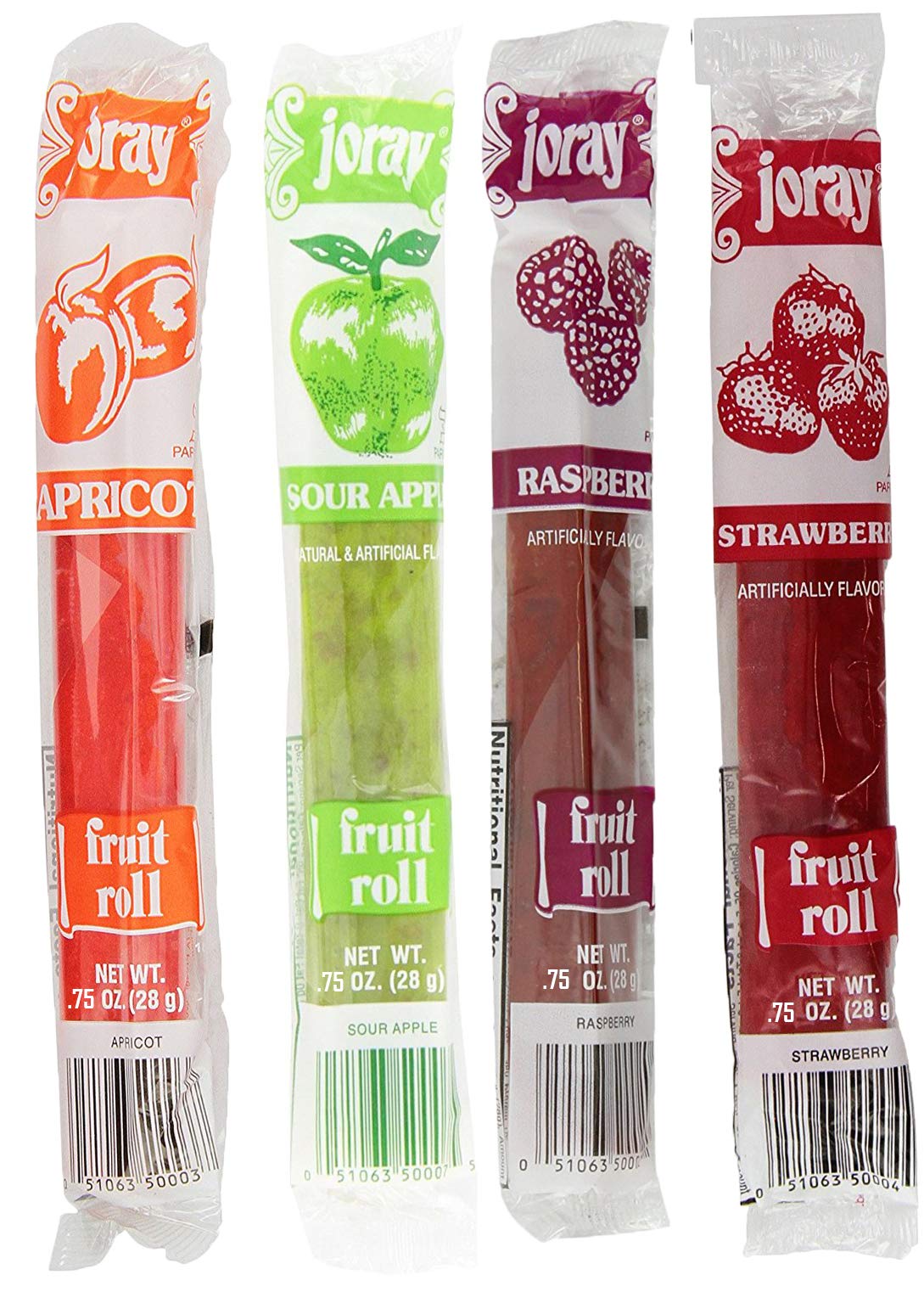 Joray Fruit Roll Variety Pack! Apricot, Strawberry, Raspberry, Sour Apple.75 Oz Fruit Leather (Total of 24 Fruit Leathers)