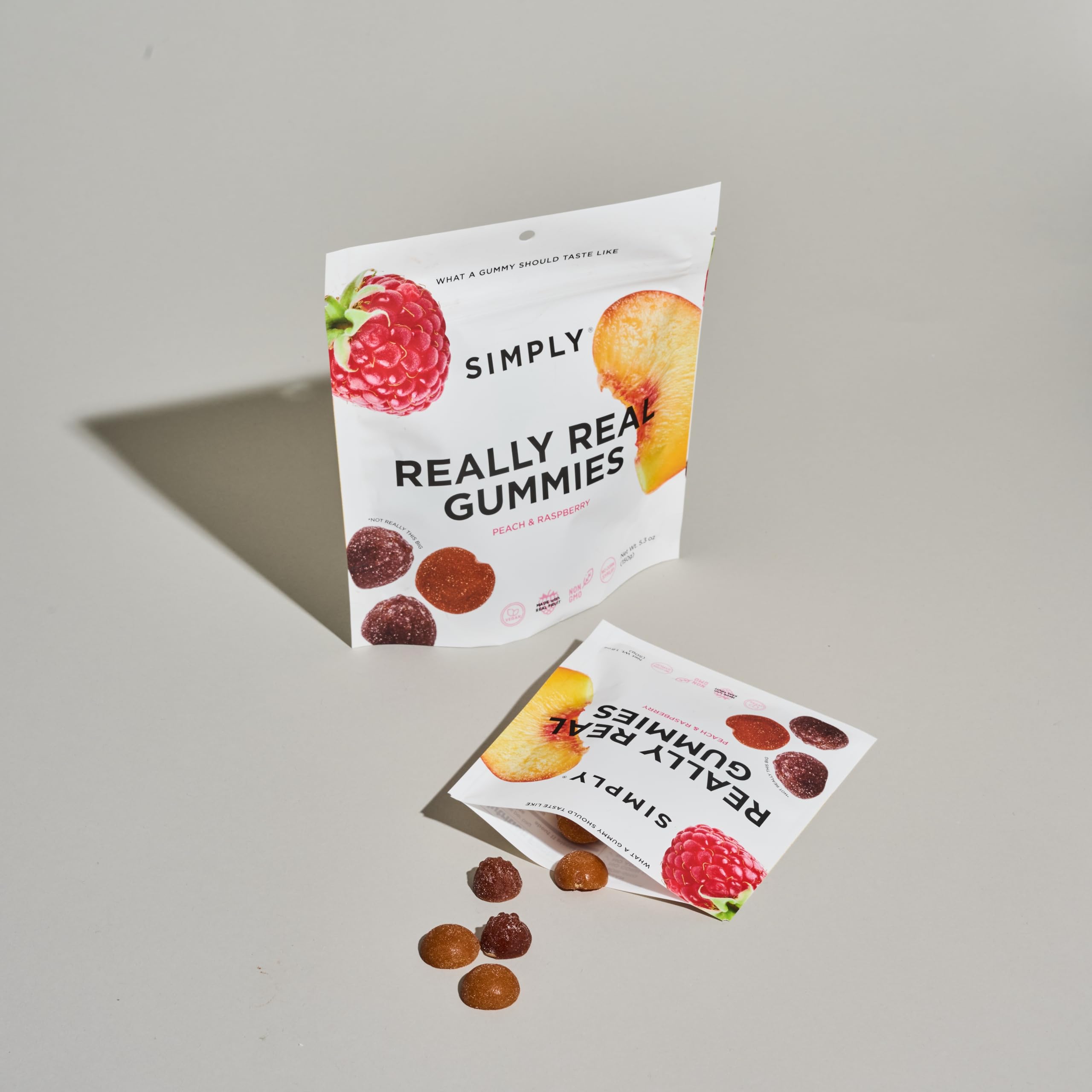 Simply Really Real Gummies | Made with Real Fruit | Peach and Raspberry | 5.3 oz (Pack of 2) | No Cane Sugar + Gluten Free + Kosher