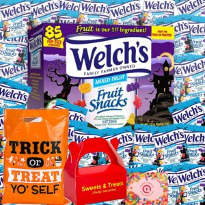 halloween treats fruit snack welch's gummy flavor | 85 fun size pouch - 0.5 ounce each | shapes - ghost bat jack-o-lantern witches haunted house | trick treat party event - muchai card & bag included