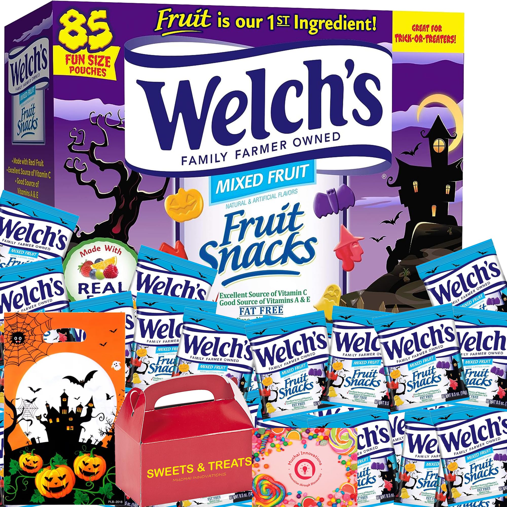 Halloween Treats Fruit Snack Welch's Gummy Flavor | 85 Fun Size Pouch - 0.5 Ounce Each | Shapes - Ghost Bat Jack-O-Lantern Witches Haunted House | Trick Treat Party Event - Muchai Card & Bag Included